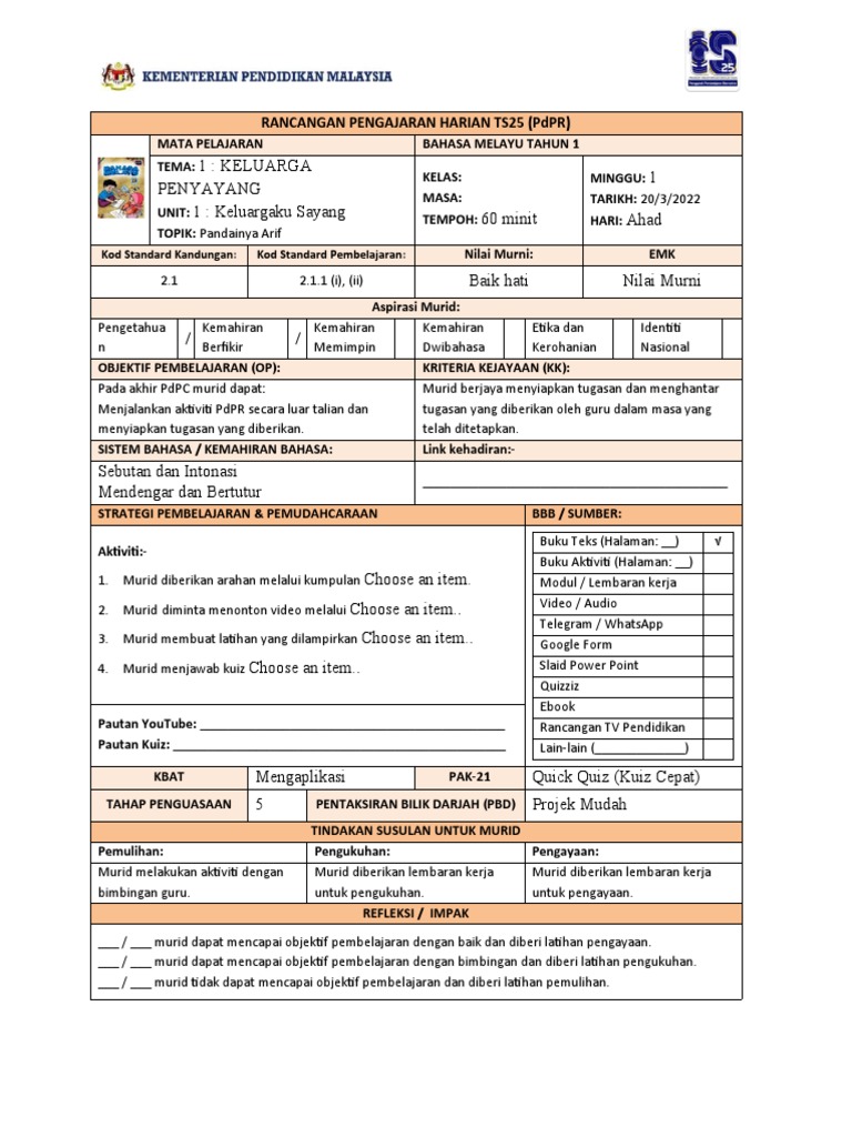 RPH BM THN 1 TS25 PDPR (Template) | PDF | Karier & Perkembangan