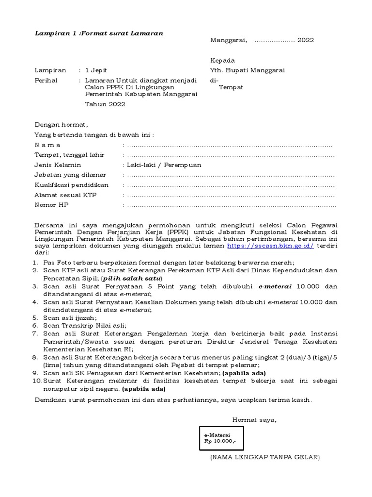 Lampiran 1 SD 3 Format Surat Lamaran Dan Pernyataan | PDF | Hukum