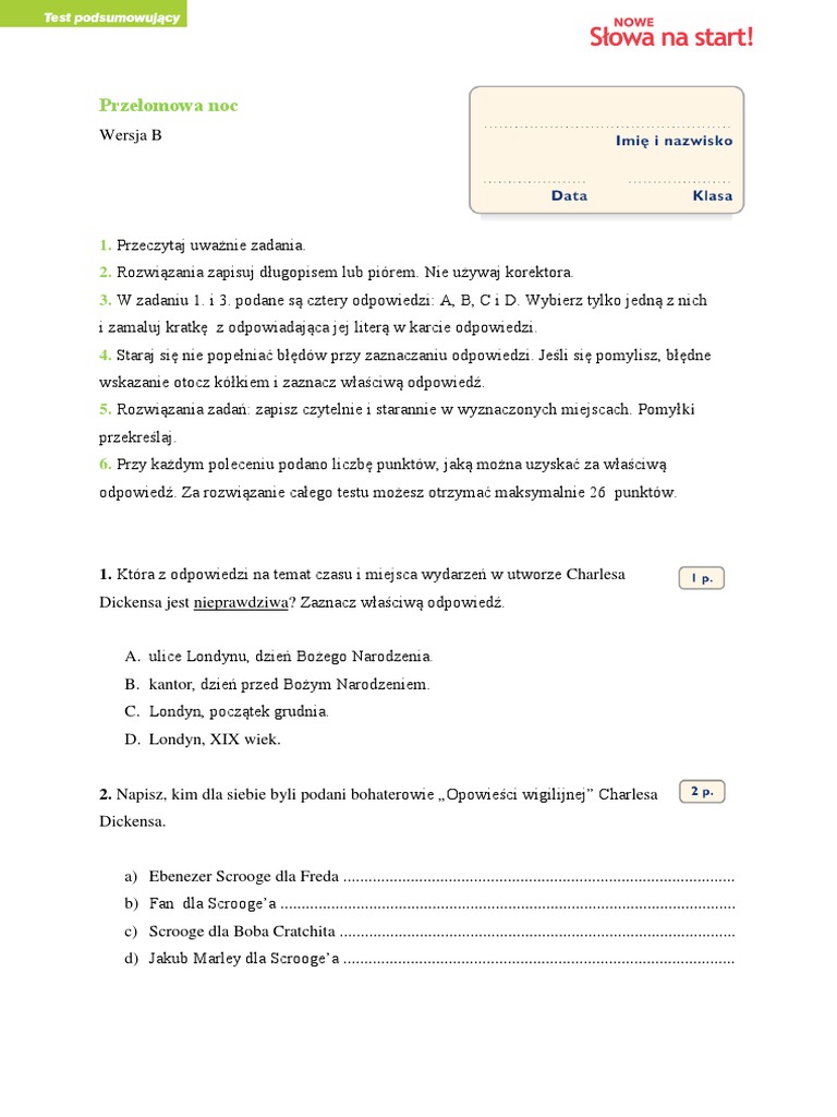 Opowiesc Wigilijna Lektura Obowiazkowa Test Pod 4 | PDF