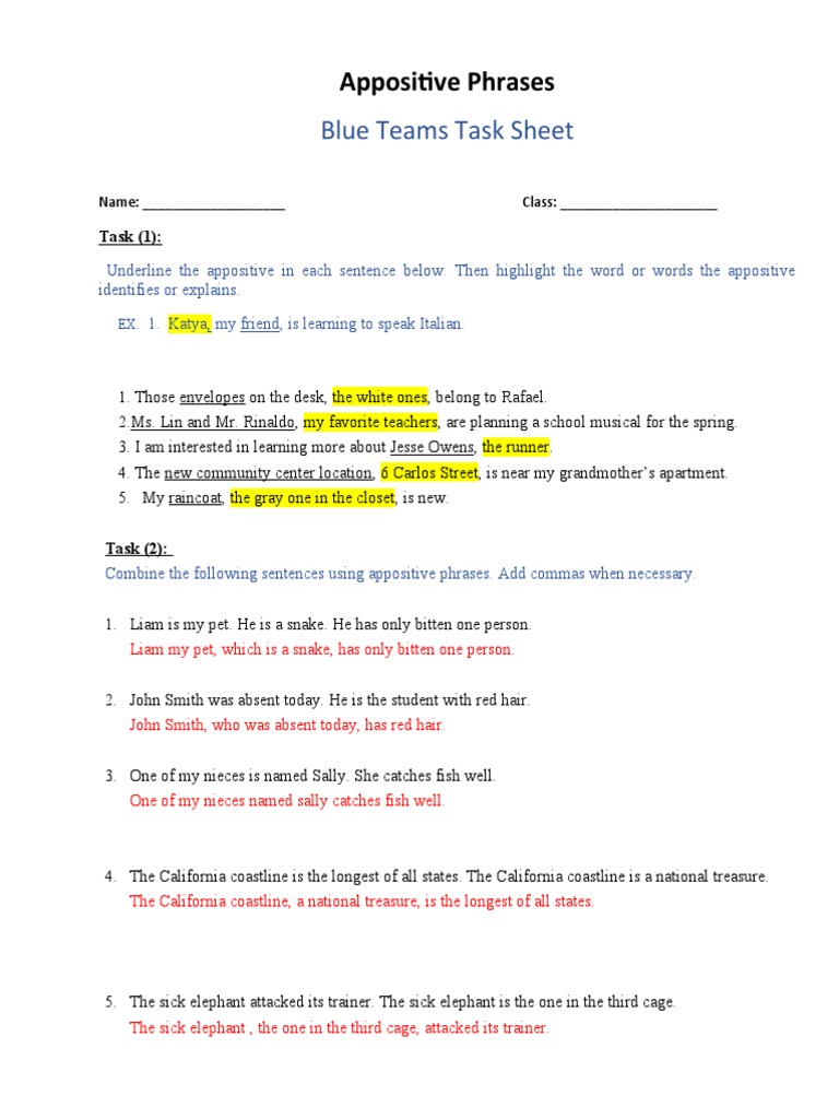 Blue Appositives Task Sheet 1 | PDF
