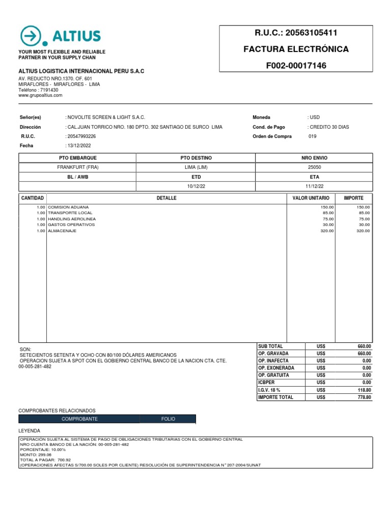 R.U.C.: 20563105411 Factura Electrónica F002-00017146: Altius Logistica ...