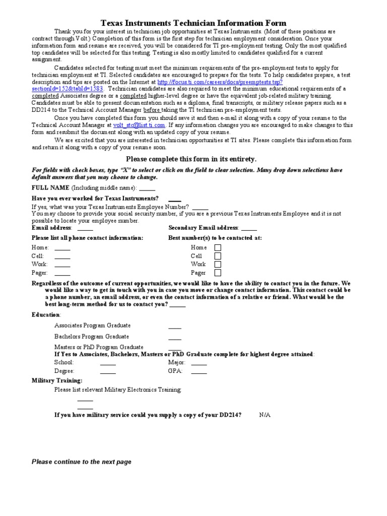 Texas Instruments Technician Information Form: Please Complete This ...