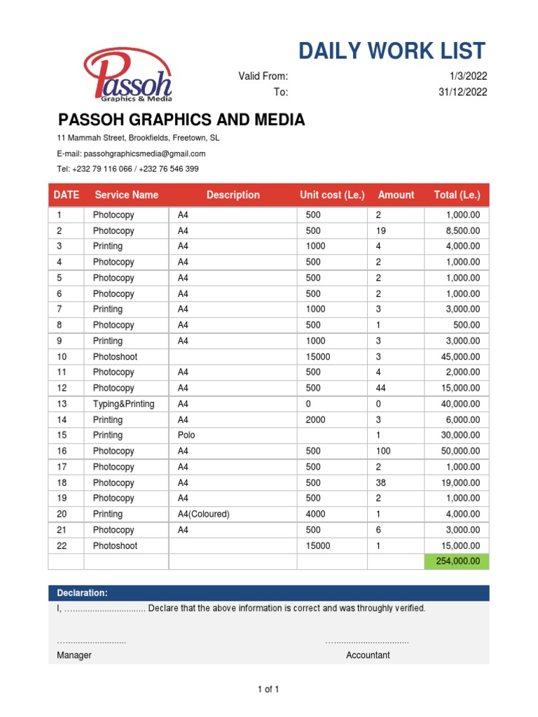 Daily Work List: January - December 2022 Photocopy, Printing, and Photography Services Provided ...