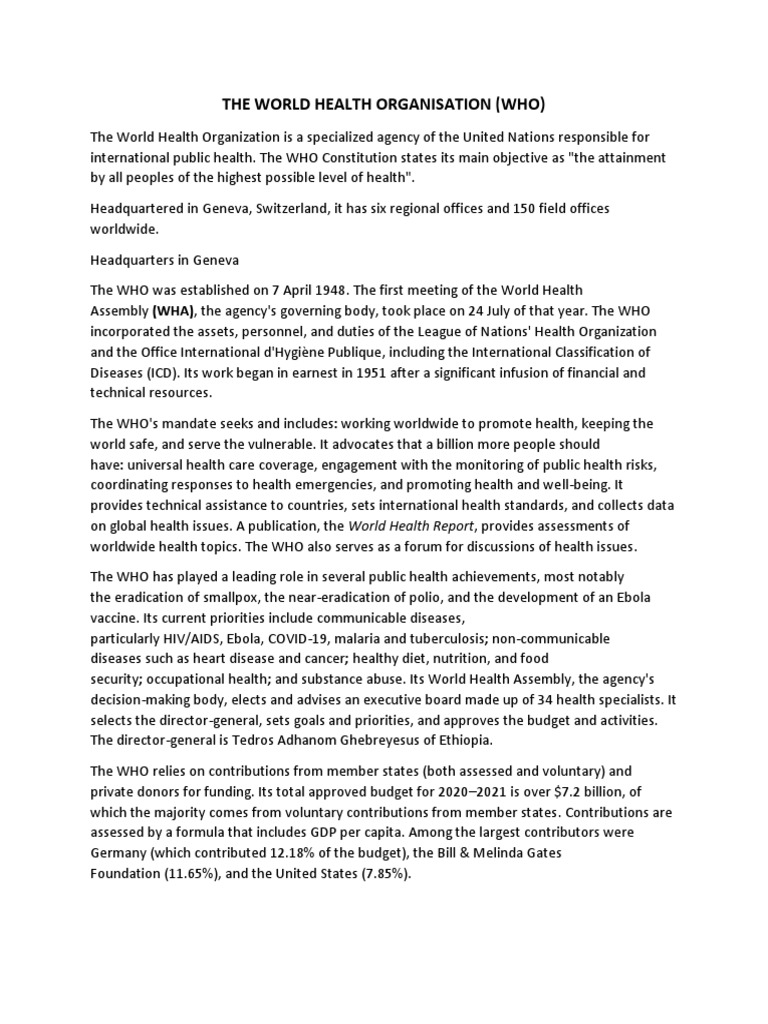 The World Health Organization Is A Specialized Agency of The United ...