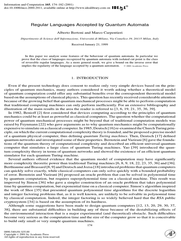 Regular Languages Accepted by Quantum Automata | PDF | Time Complexity | Quantum Computing