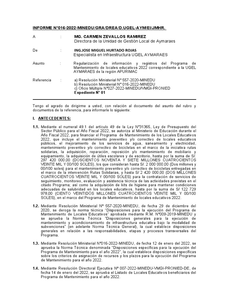 1 UGEL Informe en Respuesta Al Oficio Multiple 027 PRONIED | PDF