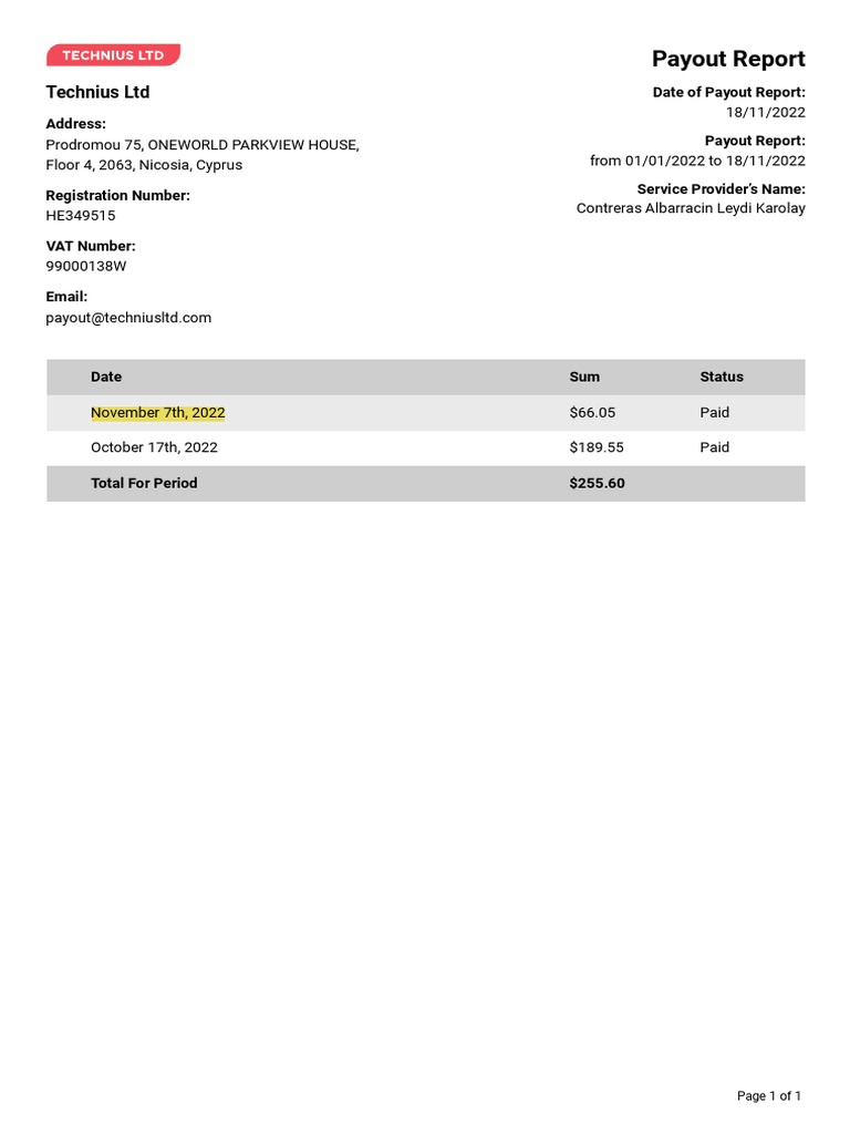 Technius Ltd Payout Report Summary | PDF