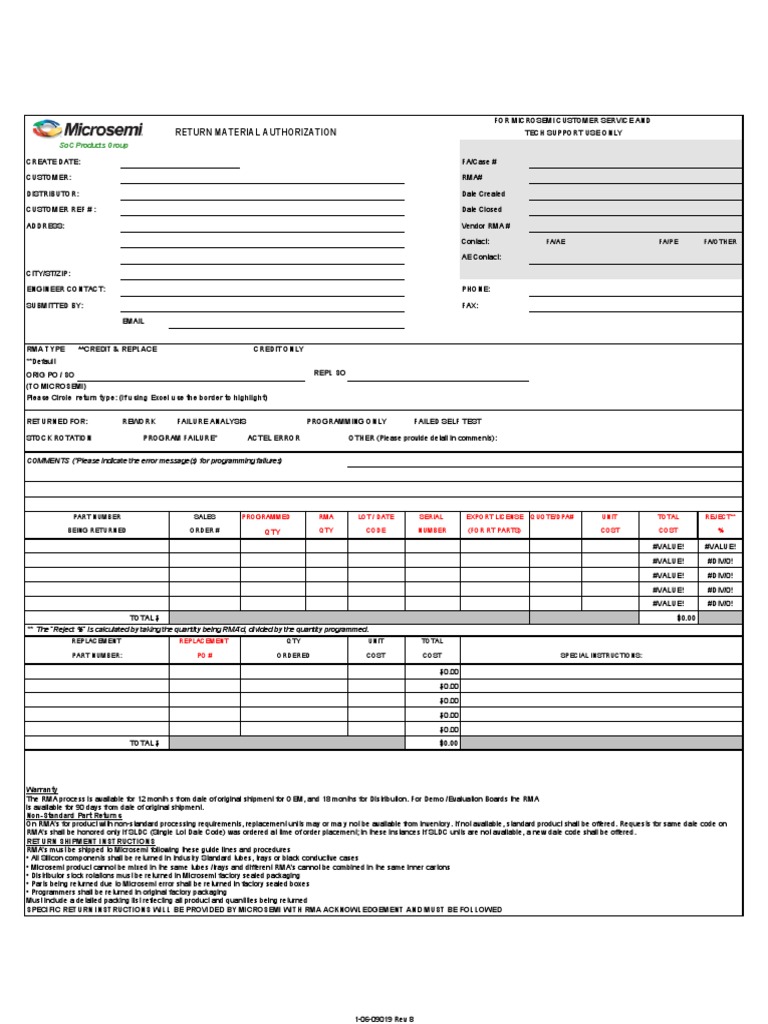1-06-09019 Return Material Authorization (RMA) Form | PDF | Packaging ...
