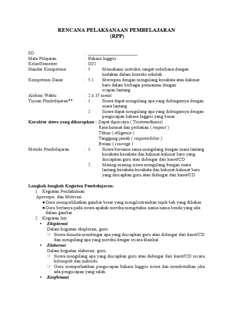 Contoh RPP Bahasa Inggris SD Kelas III Semester 2 | PDF