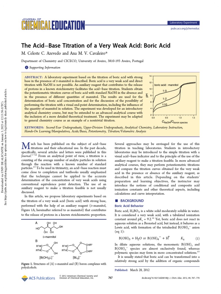 The Acid Base Titration of A Very Weak Acid: Boric Acid: M. Celeste C. Azevedo and Ana M. V ...