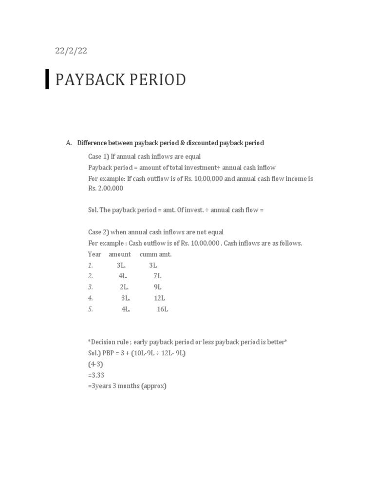 Payback Period: A. Difference Between Payback Period & Discounted Payback Period | PDF