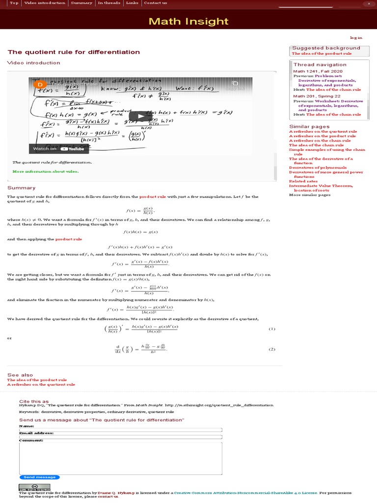 The Quotient Rule For Differentiation - Math Insight | PDF | Derivative | Logarithm