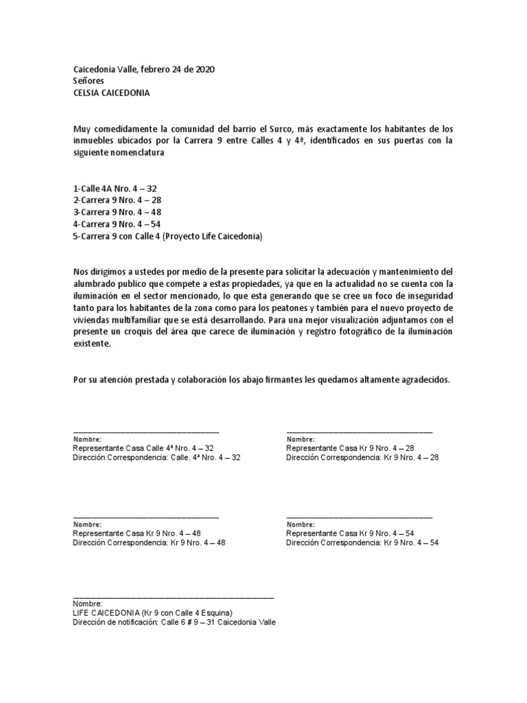 Carta Solicitud Iluminación Del Sector | PDF