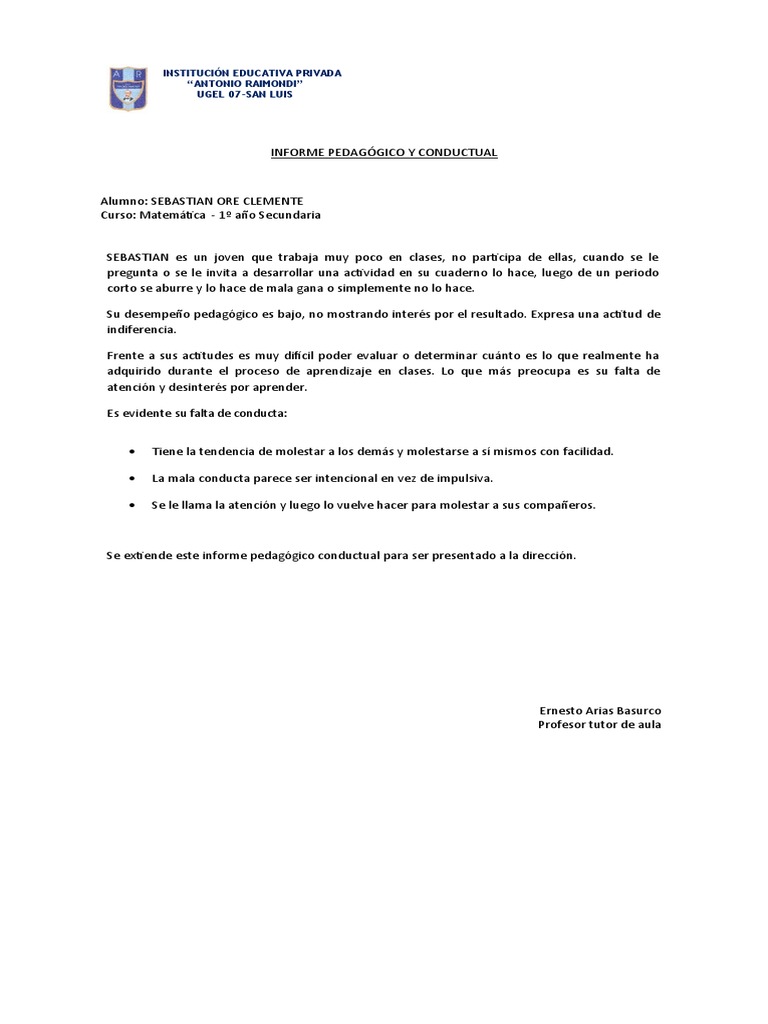 Informe Pedagogico y Conductual SEBASTIAN ORE CLEMENTE | PDF