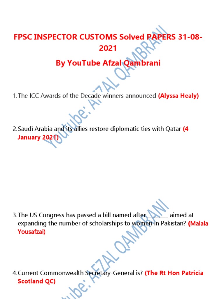 FPSC INSPECTOR CUSTOMS Solved PAPERS 31 | PDF