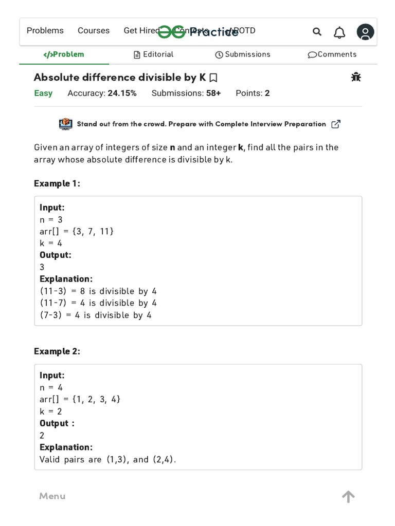 Absolute Difference Divisible by K - Practice - GeeksforGeeks | PDF | C++ | Information Age