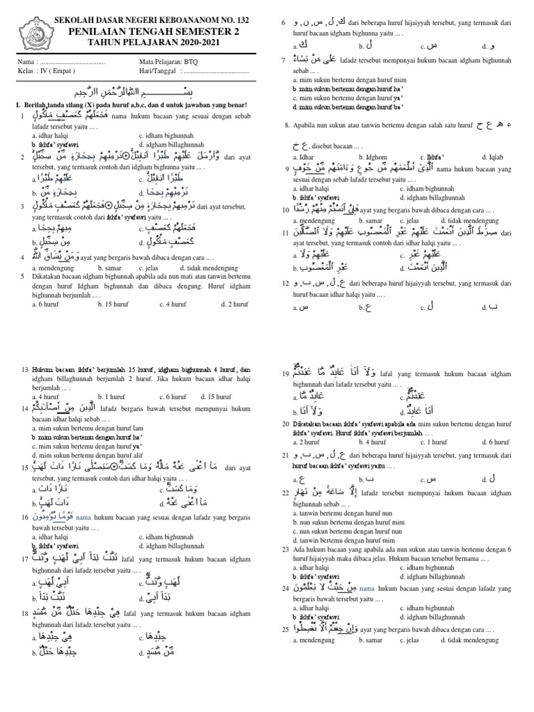 Soal PTS BTQ Kelas IV SDN Keboananom | PDF