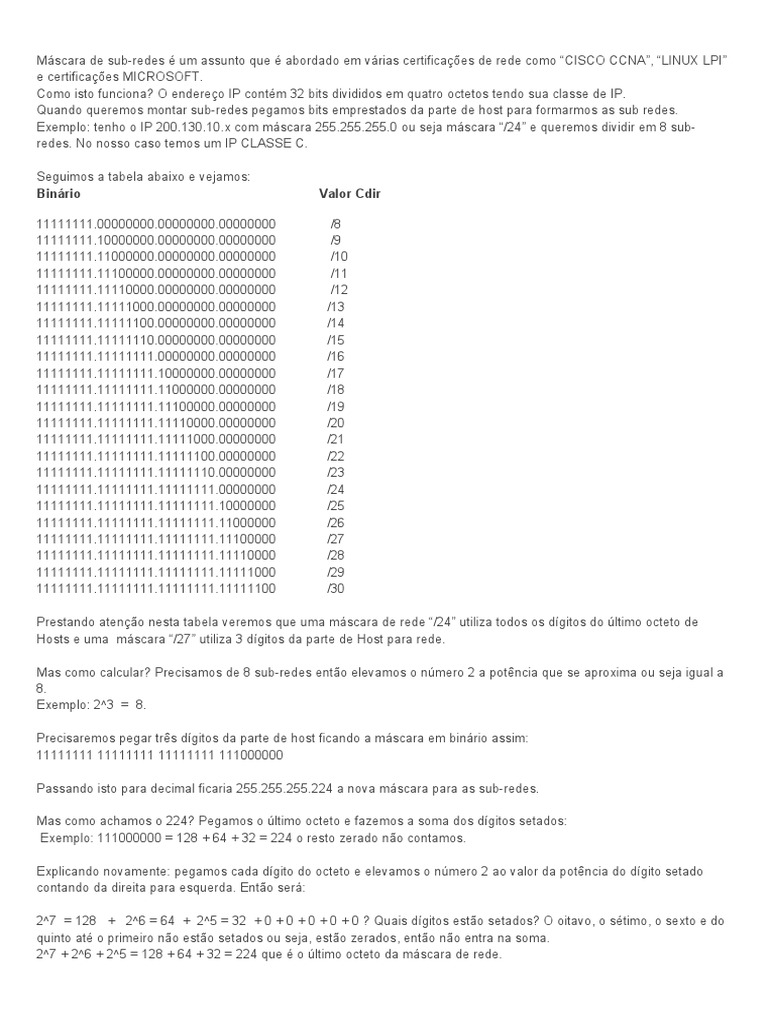 Como calcular sub-redes de IP e determinar o número de hosts em cada sub-rede através da máscara ...