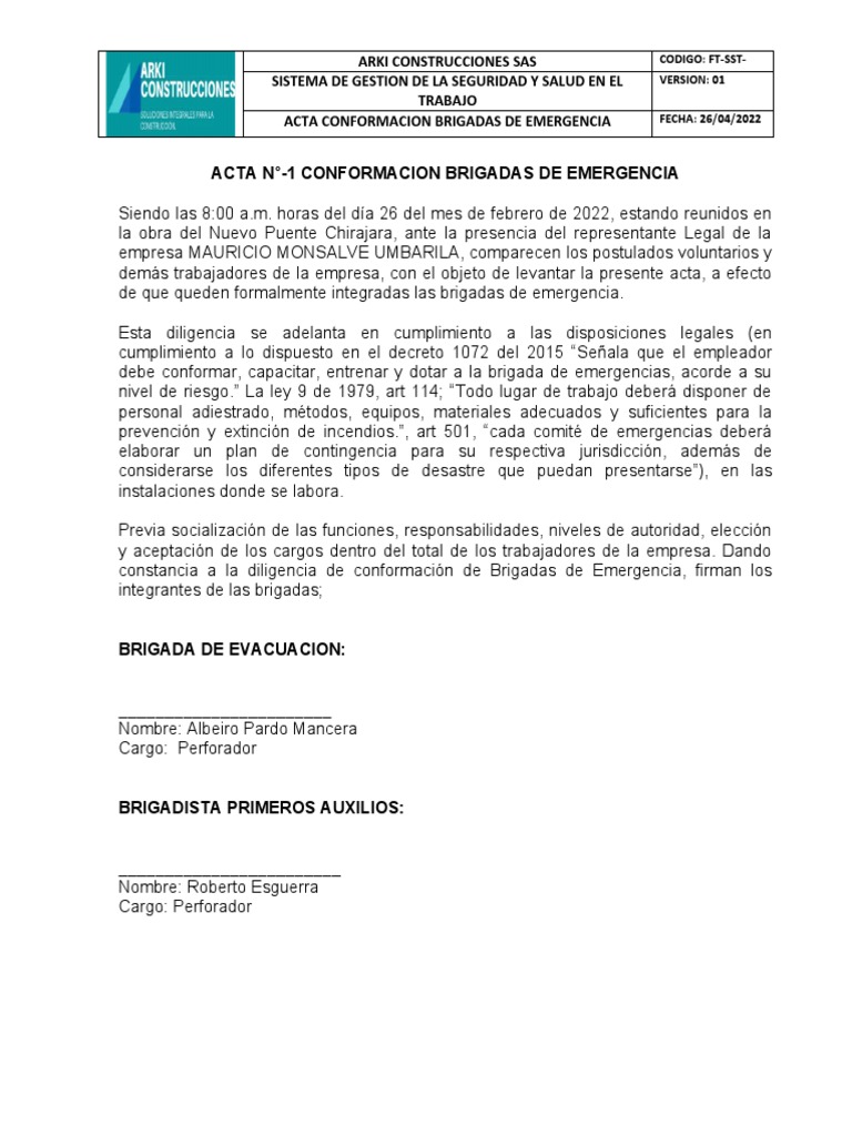 Acta Conformacion Brigadas de Emergencia | PDF