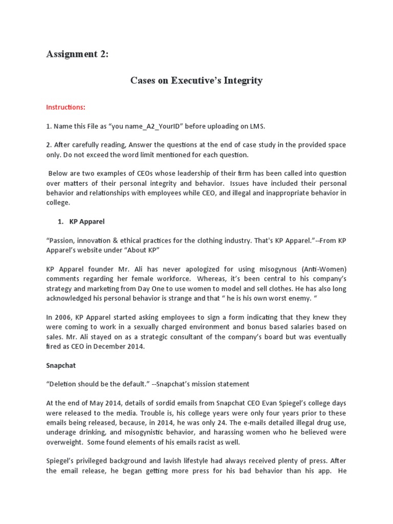 Assignment 2 Executive Integrity | PDF | Snapchat | Business Assignment 2 Executive Integrity | PDF | Snapchat | Business