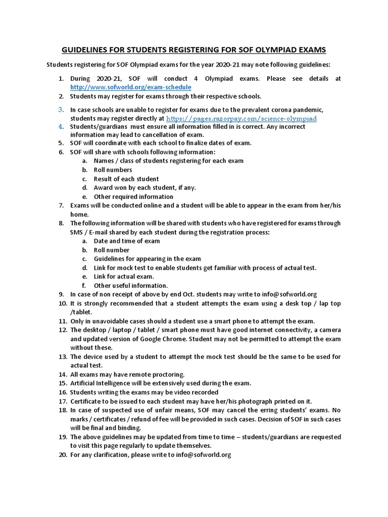 Guidelines For Students Registering For Sof Olympiad Exams 2020 | PDF ...