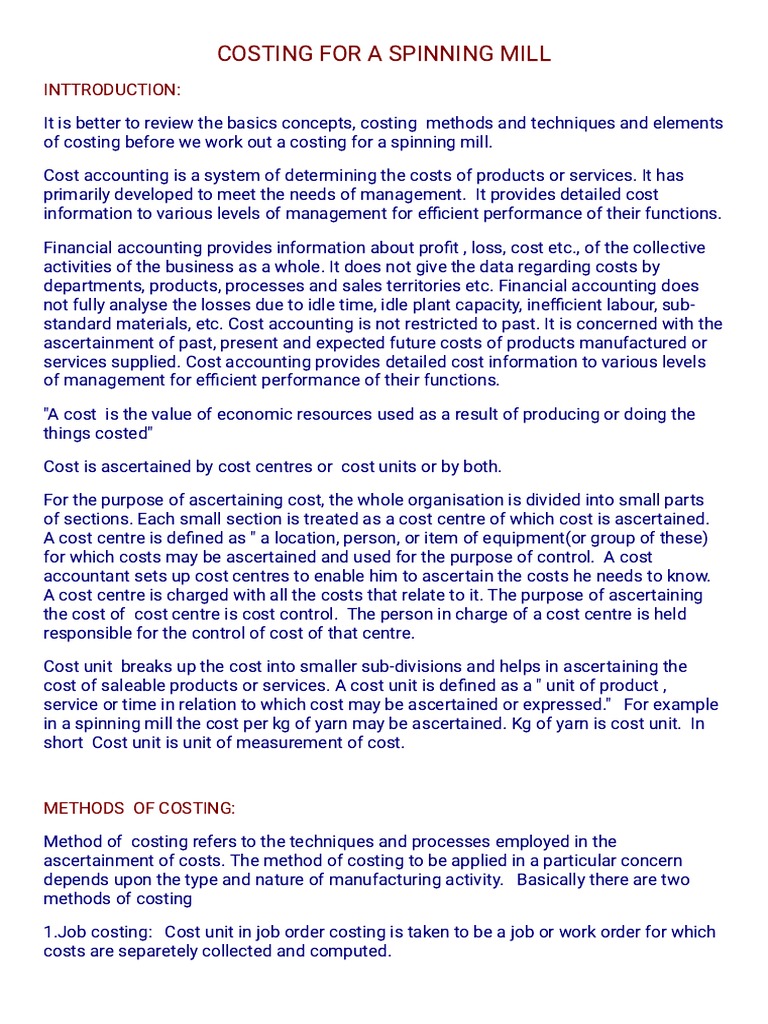 Spinning Mill Costing Methods Explained | PDF | Labour Economics | Cost ...