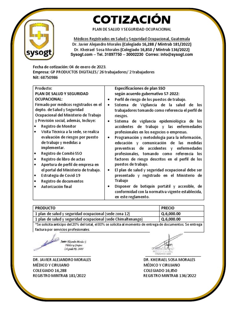 Cotizacion Plan Sso GP Productos Digitales | PDF | Seguridad y salud ...