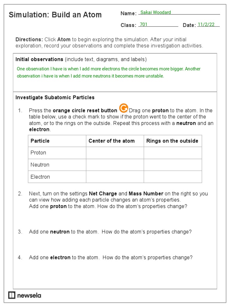 Sakai Woodard - Simulation Build An Atom | PDF | Atoms | Neutron
