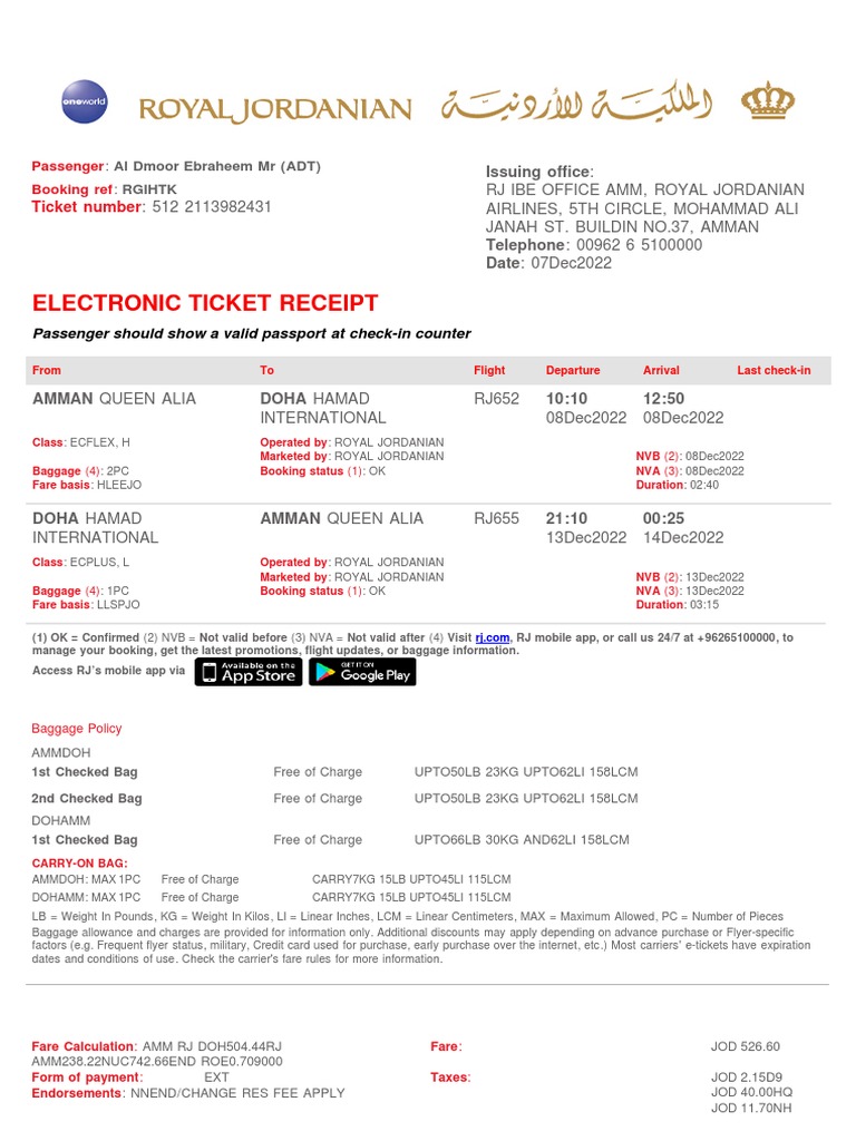 TicketEMD Itinerary Receipt For Passenger EBRAHEEM AL DMOOR, RGIHTK | PDF | Airlines