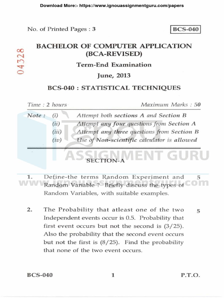 BCS 040 Previous Year Question Papers by Ignouassignmentguru 2 | PDF | Regression Analysis ...