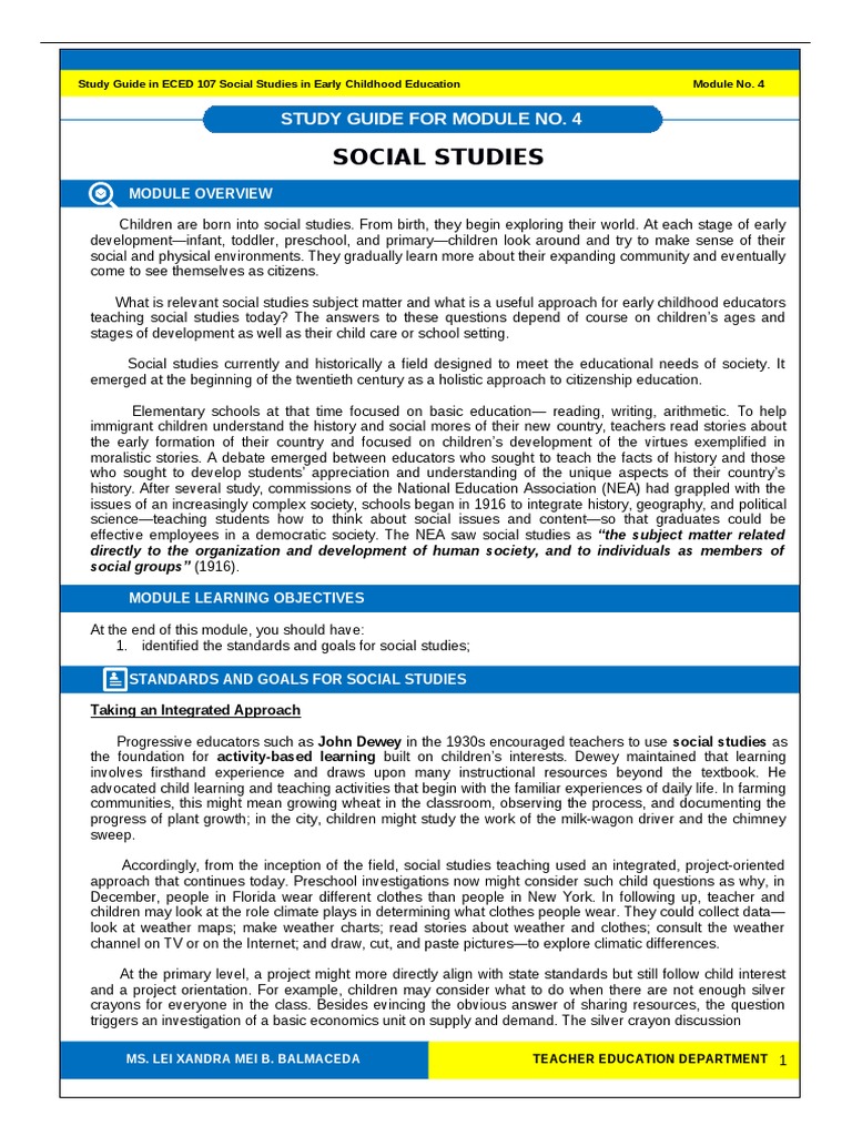 Module - 4 SOCIAL STUDIES | PDF | Teachers | Early Childhood Education