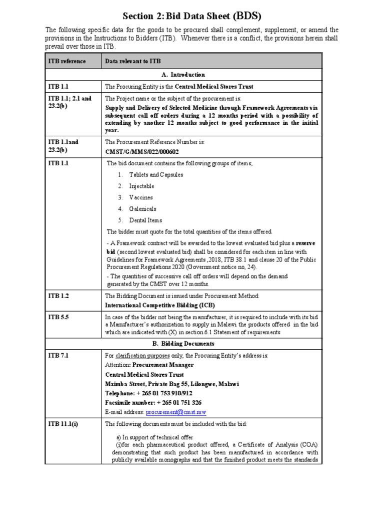 Bid Data Sheet | PDF | Specification (Technical Standard)