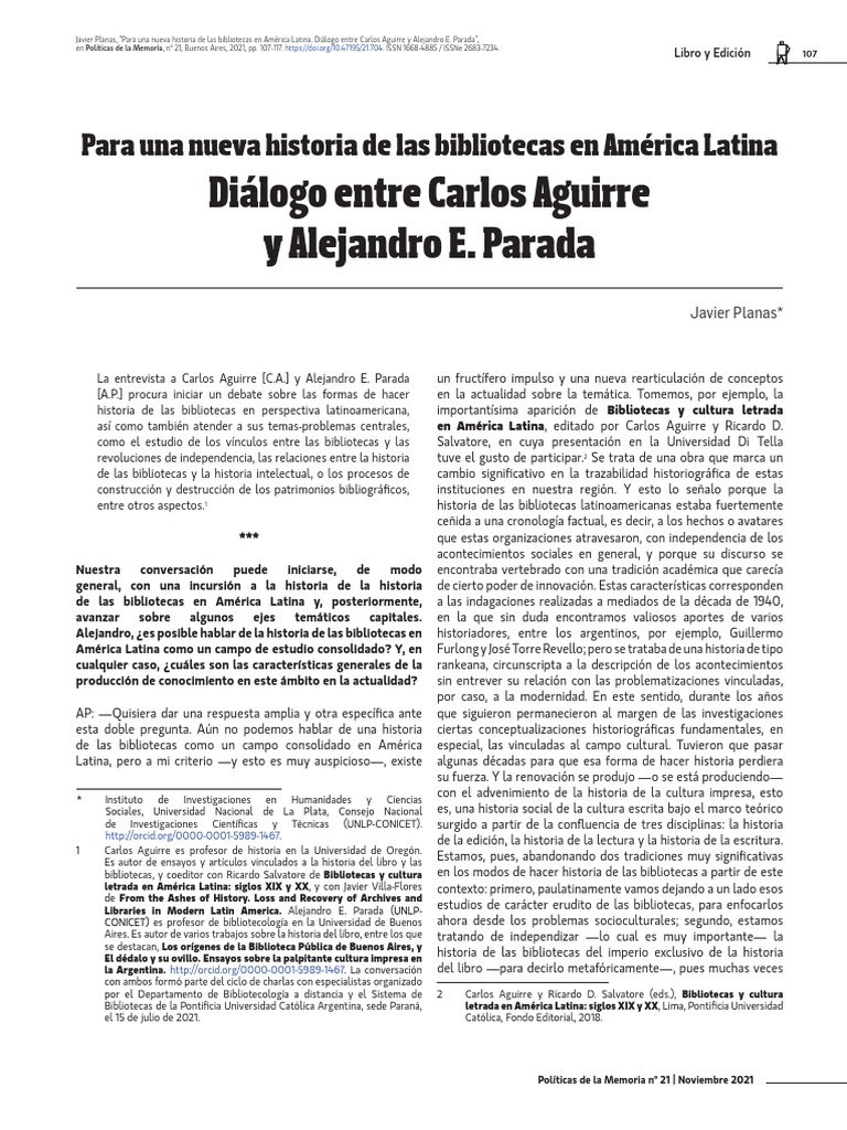 Para Una Nueva Historia de Las Bibliotecas en América Latina: Diálogo Entre Carlos Aguirre y ...
