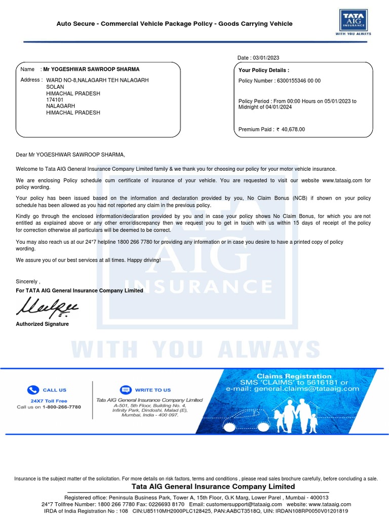 Tata AIG Motor Policy Schedule 3189 6300155346177307082 | PDF ...