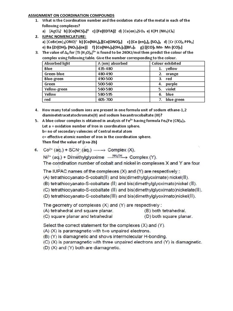 Assignment On Coordination Compounds | PDF | Coordination Complex | Isomer
