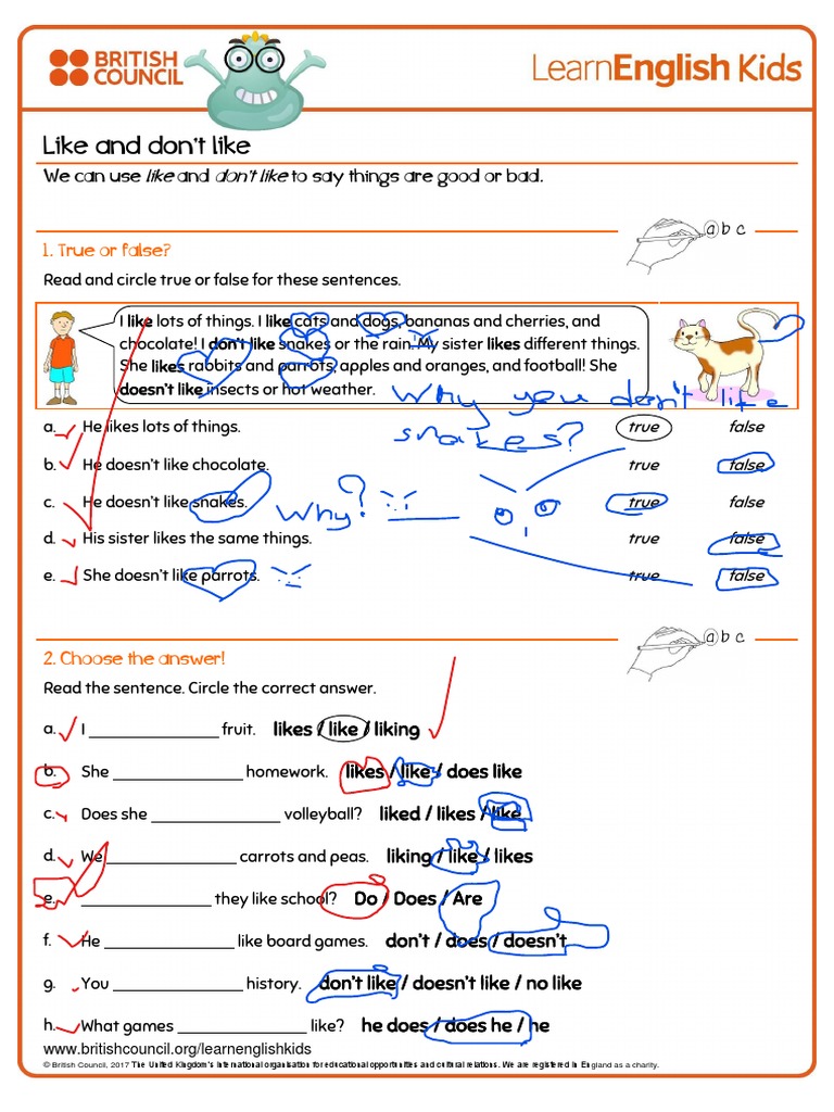 grammar-practice-like-and-dont-like-worksheet | PDF