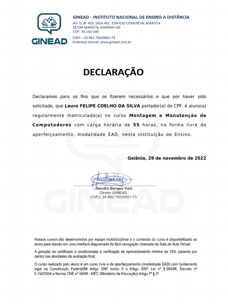 Declaração - Montagem e Manutenção de Computadores | PDF