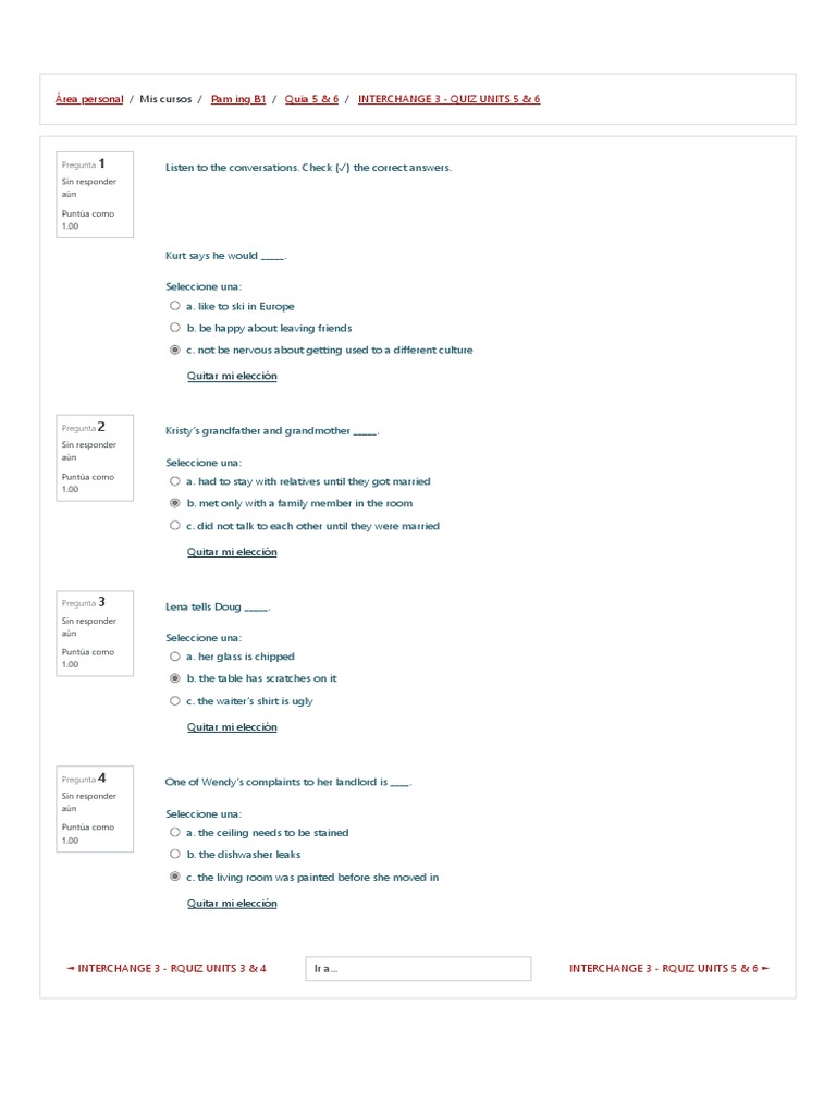 INTERCHANGE 3 - QUIZ UNITS 5 & 6 (Página 1 de 7) | PDF