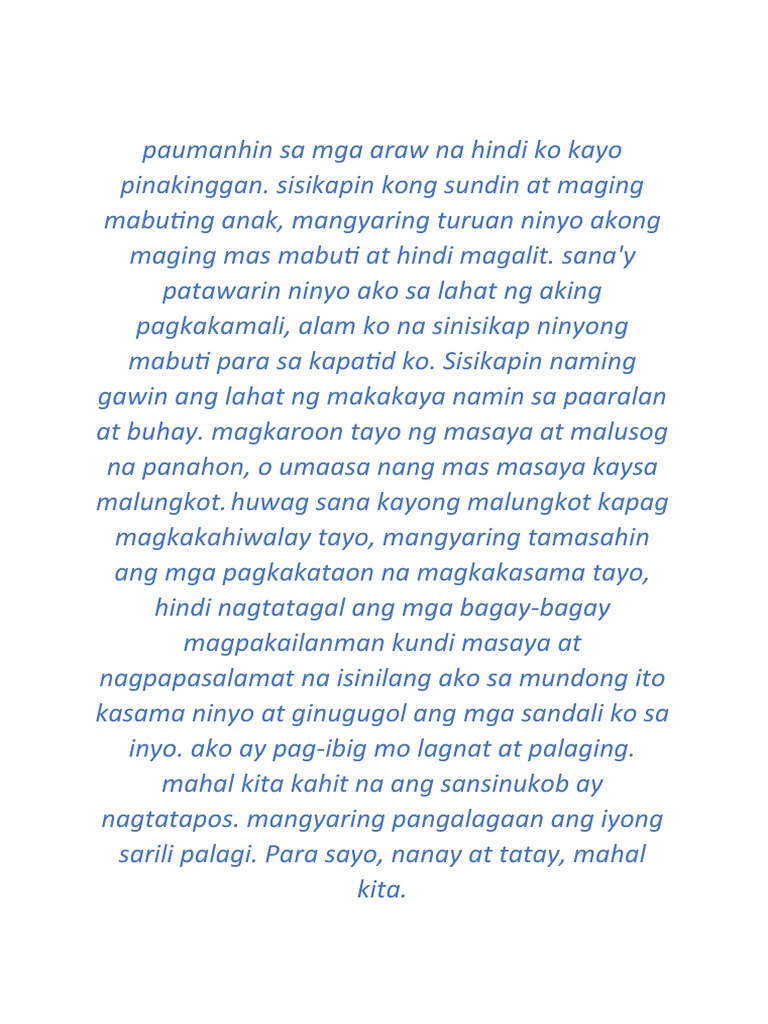 Liham para Kay Nanay at Tatay | PDF