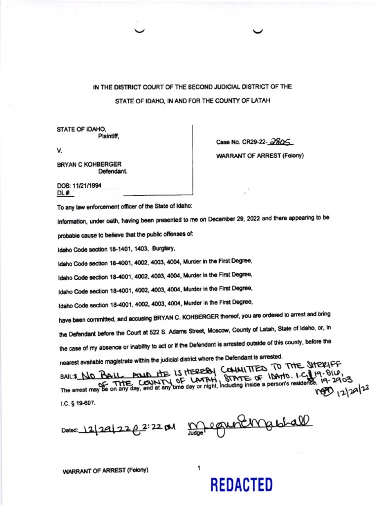 Bryan Kohberger, Arrest Warrant | PDF | Crime & Violence | Criminal Justice