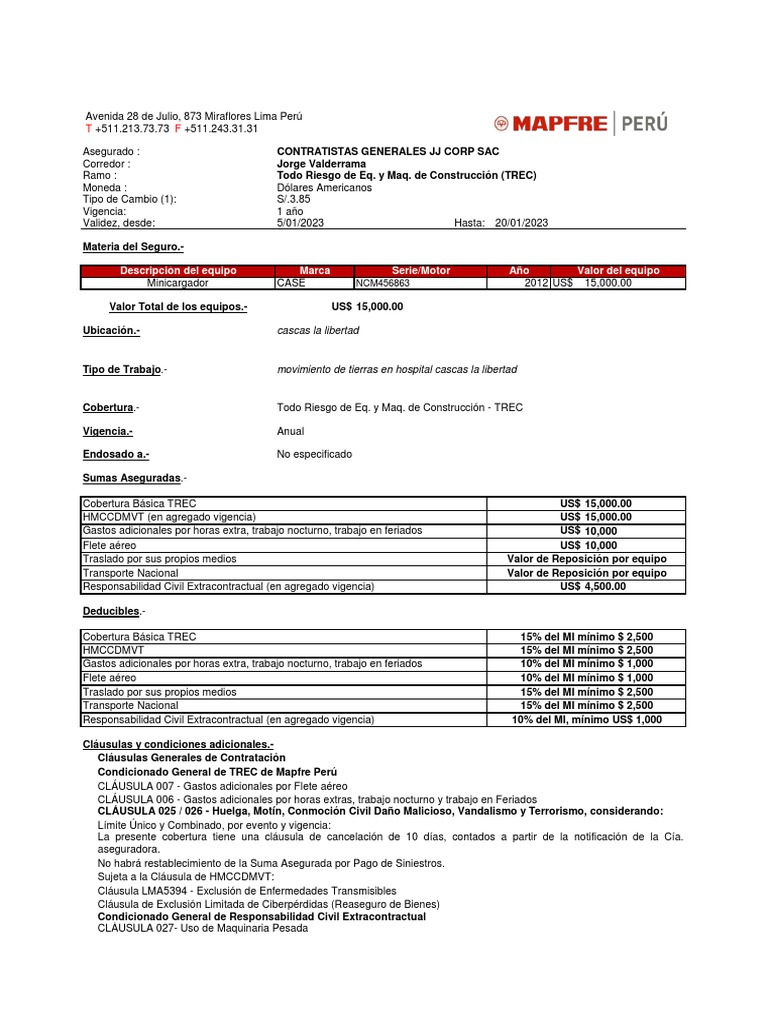 Slip - Trec - Contratistas Generales JJ Corp Sac 1 | PDF | Póliza de seguros | Reaseguro