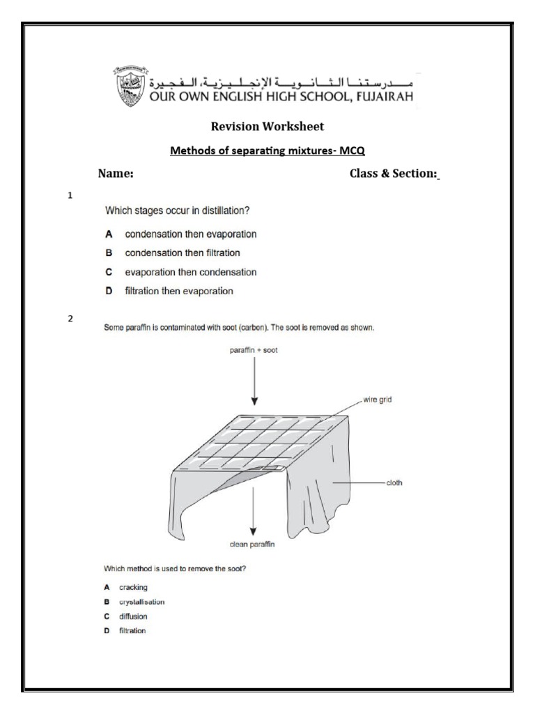 Worksheet On Methods of Separating Mixtures MCQ | PDF