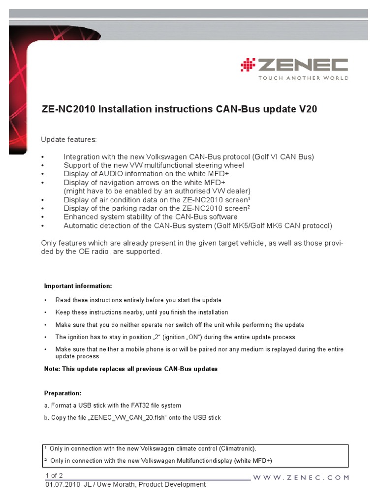 ZE-NC2010 Installation Instructions CAN-Bus Update V20 - Zenec | PDF ...