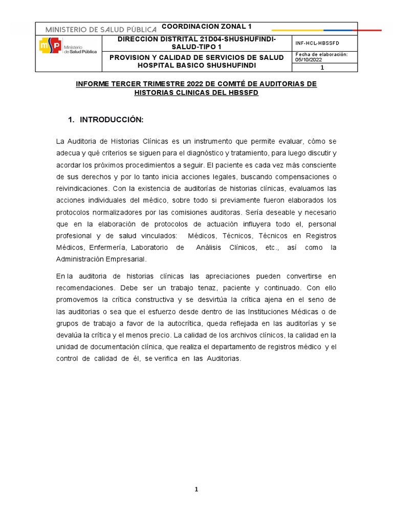 Informe Trimestral de Comité de Auditorias de Historias Clinicas Del HBSSFD | PDF | Historial ...