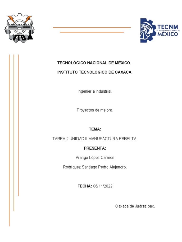 Tarea 2 Unidad Ii Manufactura Esbelta. | PDF | Lean Manufacturing | Ingeniería Industrial