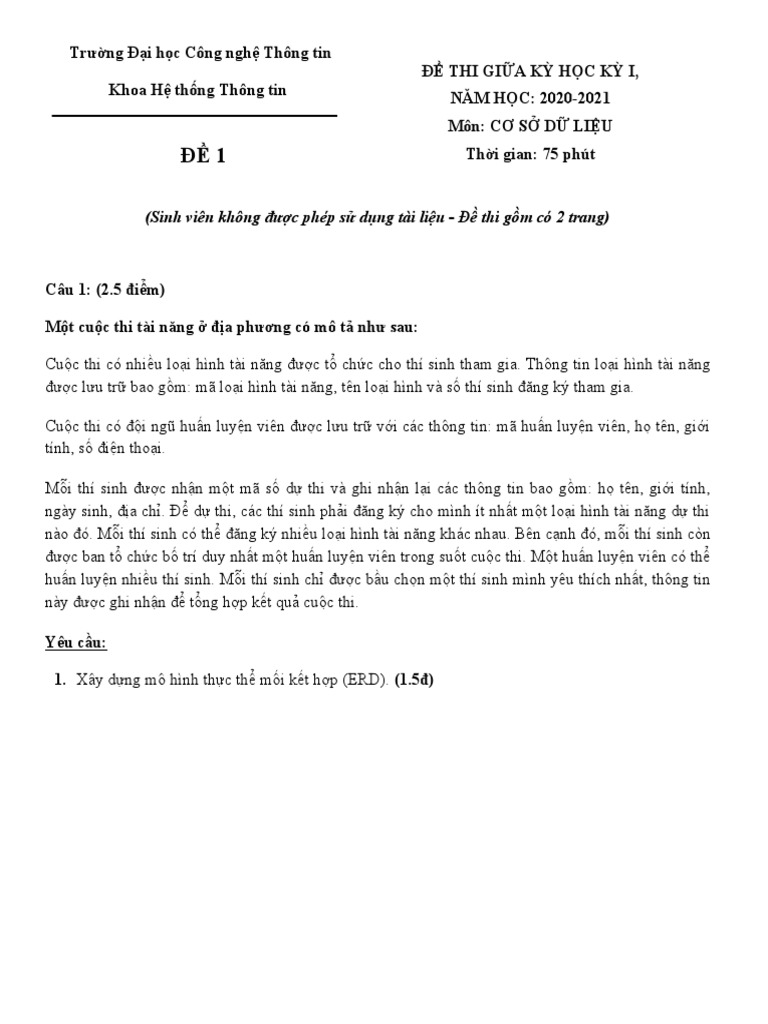 N11 - 2020 - 2021 - HK1 - DE THI GIUA KY - CSDL - Final | PDF