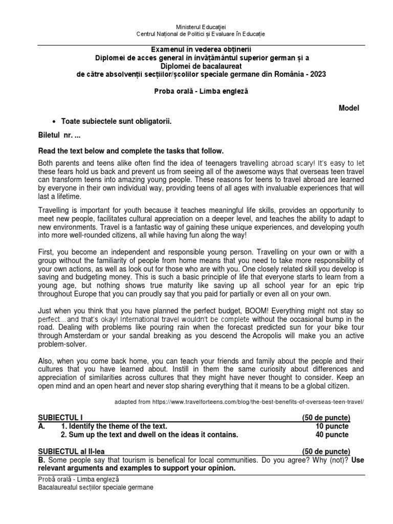 Bac German Engleza 2023 Model Subiect Oral | PDF | Adolescence | Psychological Concepts