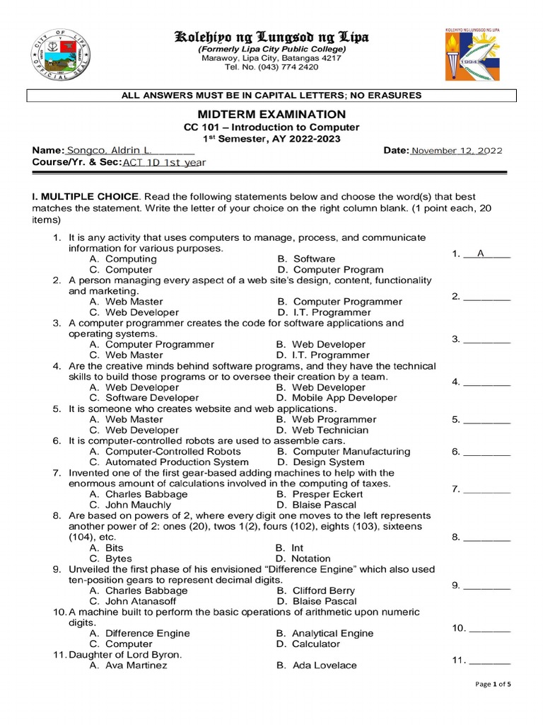 CC 101 - Midterm Exam | PDF CC 101 - Midterm Exam | PDF