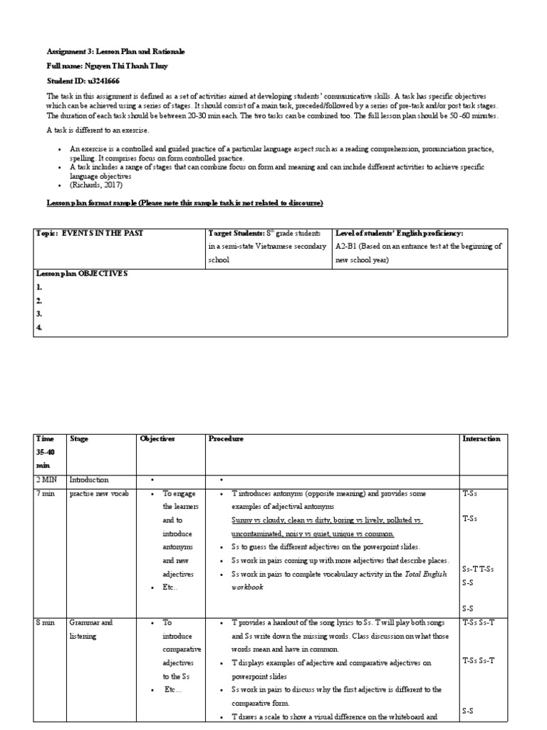 Assignment 3 - Lesson Plan and Rationale - Nguyen Thi Thanh Thuy | PDF ...