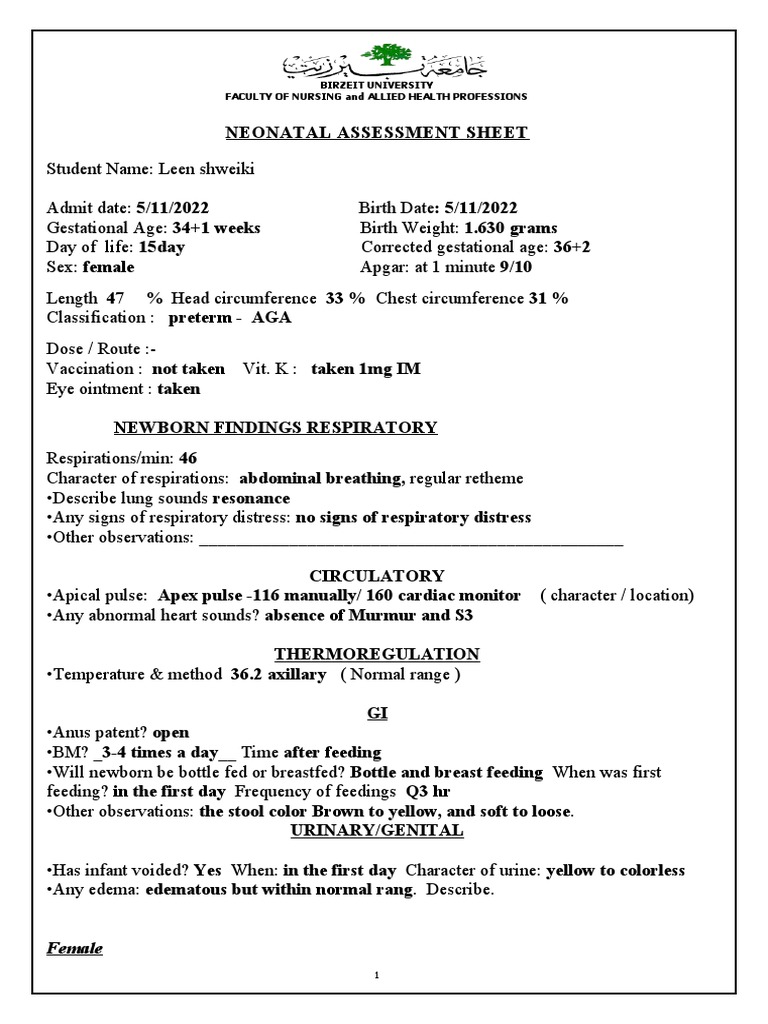 Neonatal Assessment Form | PDF | Infants | Hand